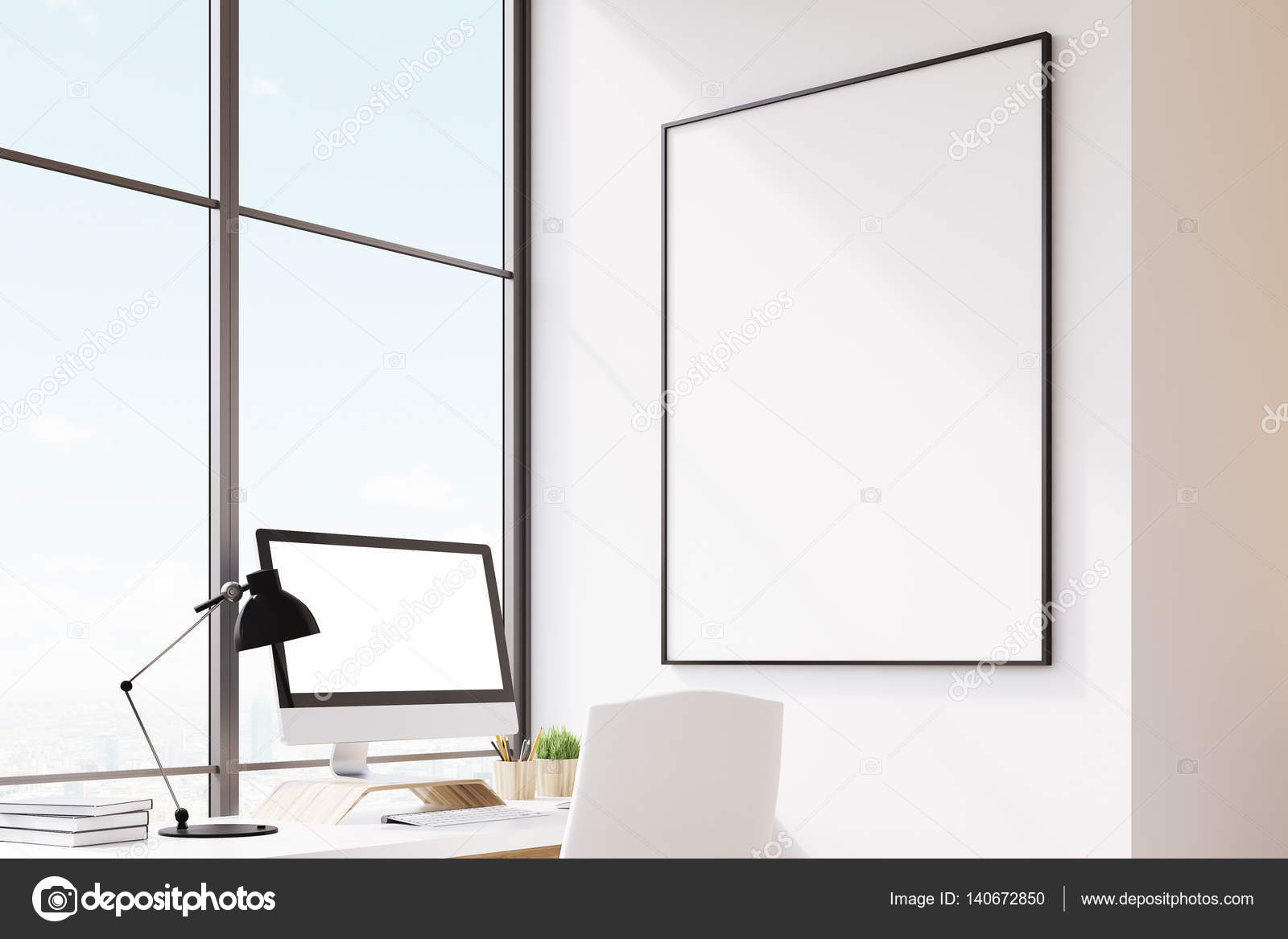 Close up of table with computer and poster — Stock Photo ...