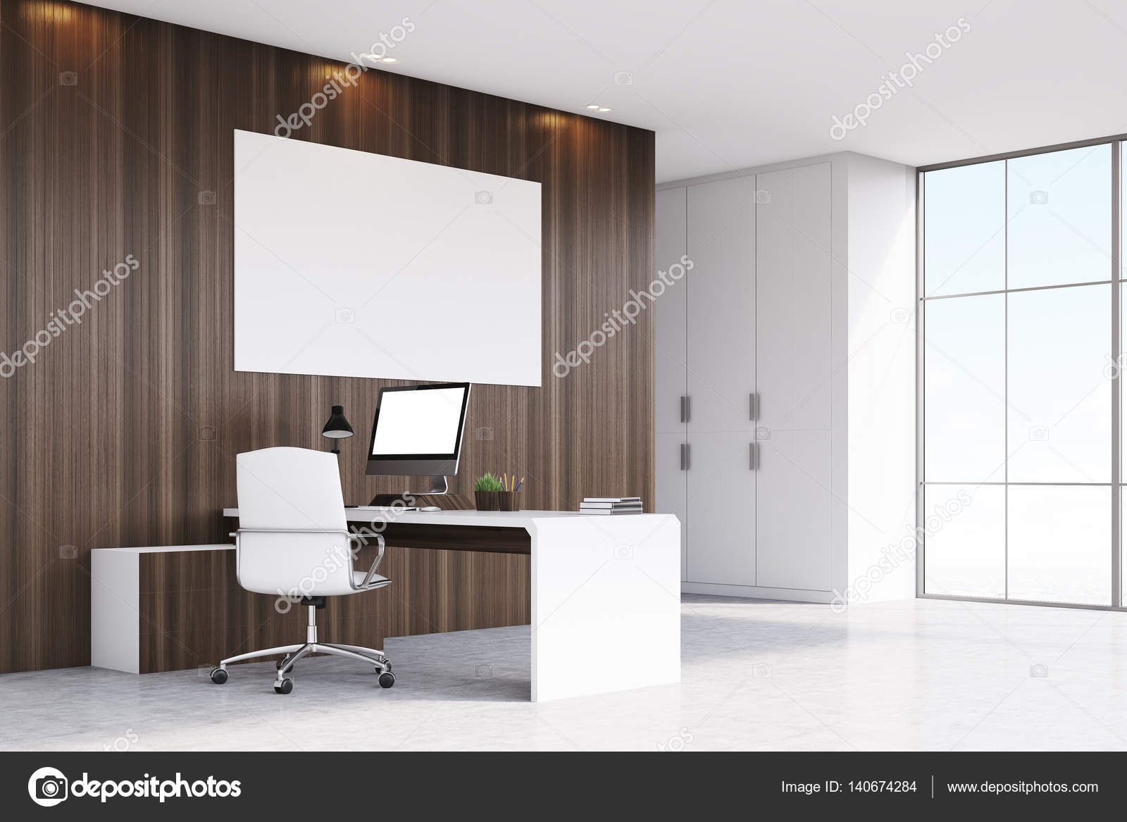 Corner of CEO office with window and poster — Stock Photo ...