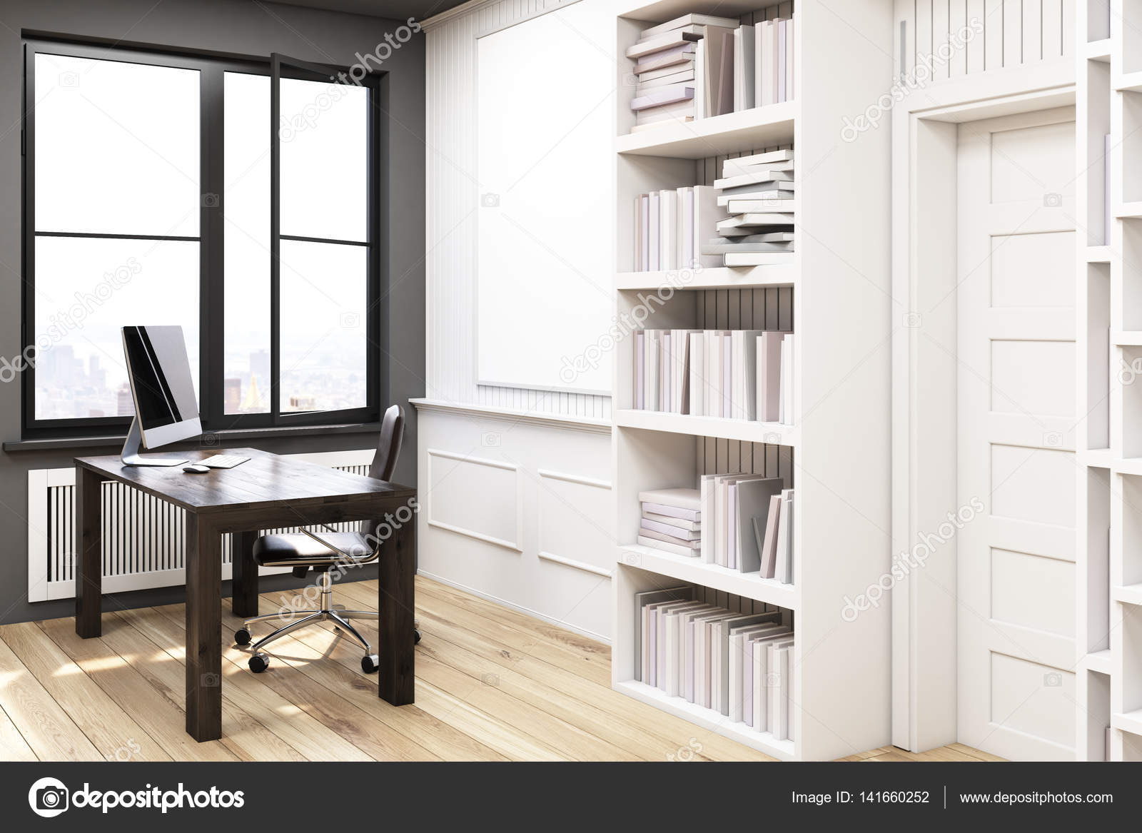 Home library with a desk, white, side view — Stock Photo ...