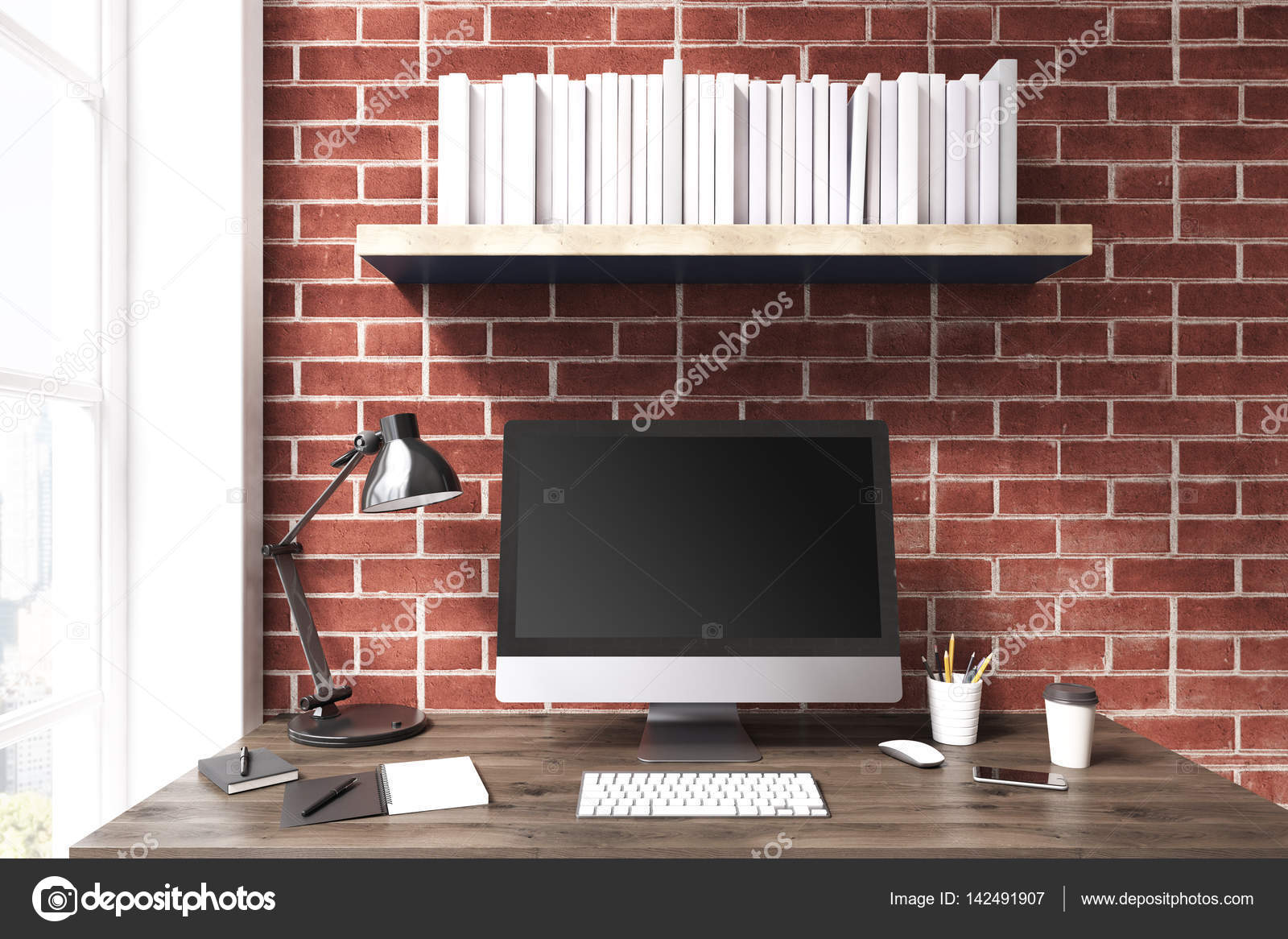 Black computer monitor against brick wall Stock Photo by ...