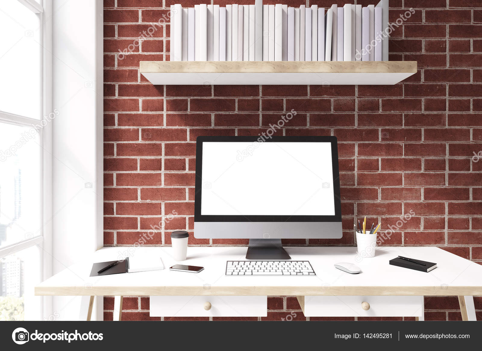 White computer monitor against brick wall, front — Stock Photo ...