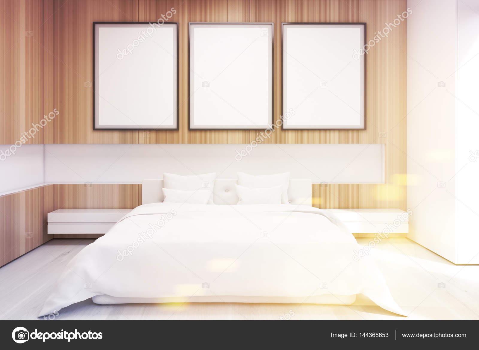 Front view of bedroom with tree posters, toned — Stock Photo ...