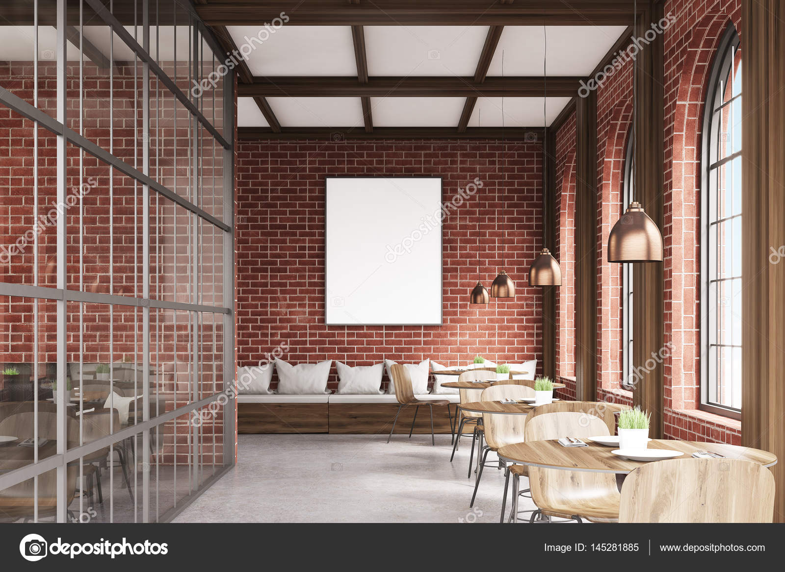 Front view of cafe with chairs, brick — Stock Photo © denisismagilov ...
