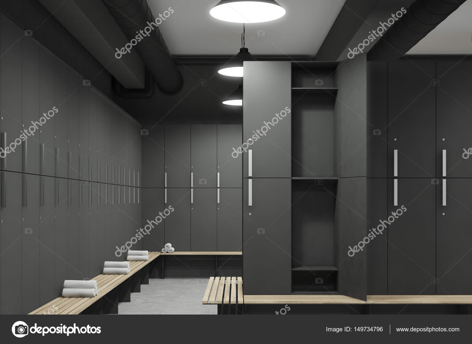 Gray locker room with open door Stock Photo by ©denisismagilov 149734796