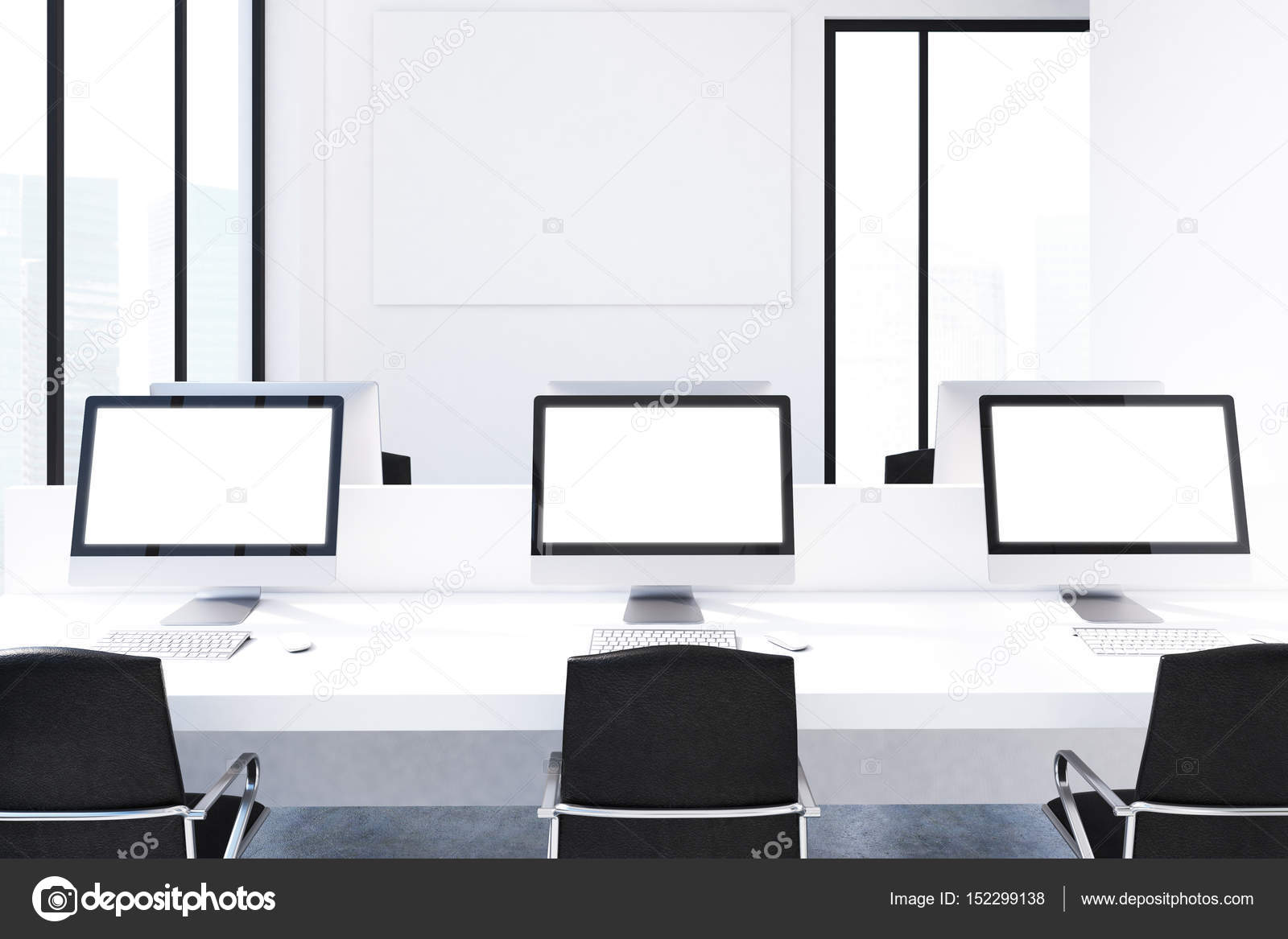 Table with three white computer monitors — Stock Photo © denisismagilov ...
