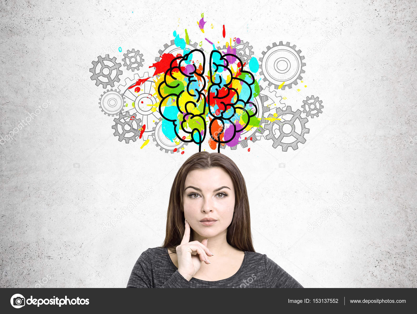 Thinking woman, brain and cogs — Stock Photo © denisismagilov #153137552