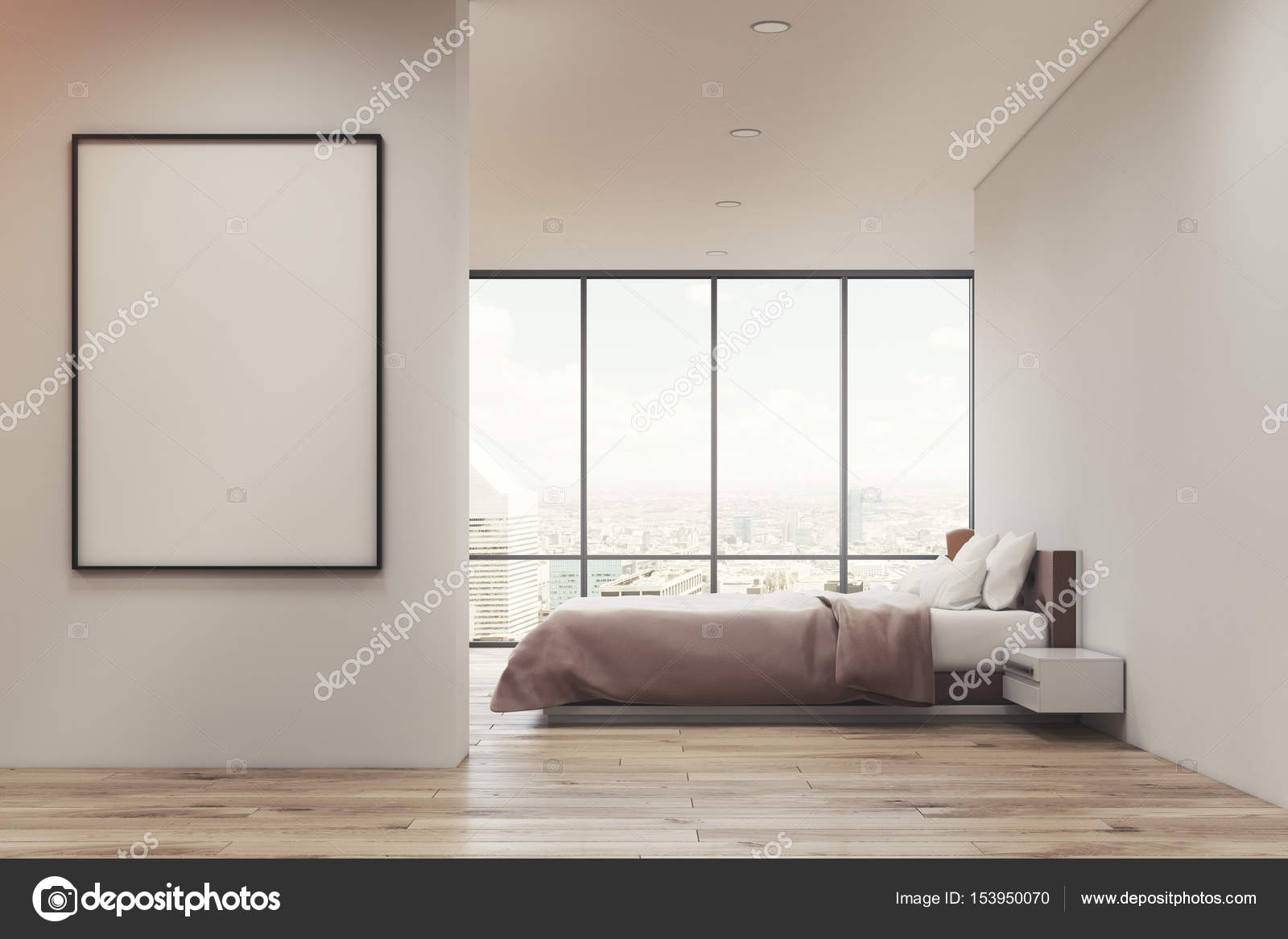 White bedroom with poster, side Stock Photo by ©denisismagilov 153950070