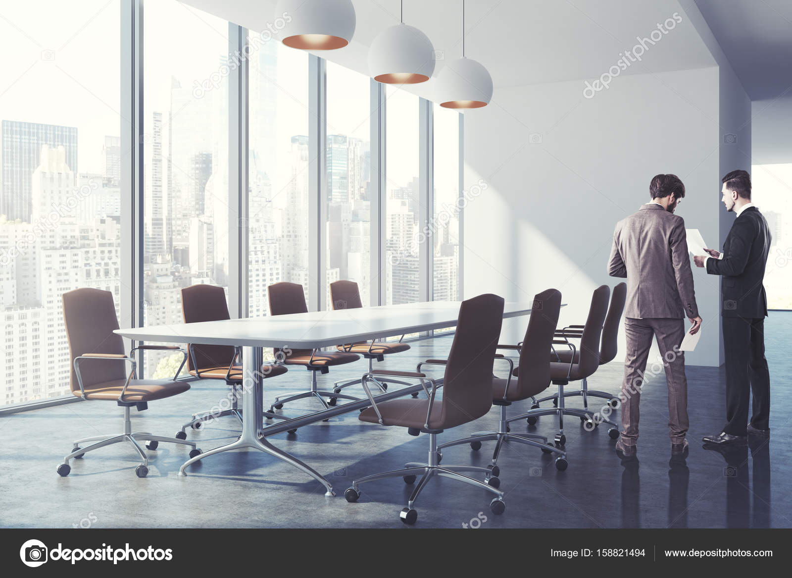Conference room interior with brown chairs, men Stock Photo by ...