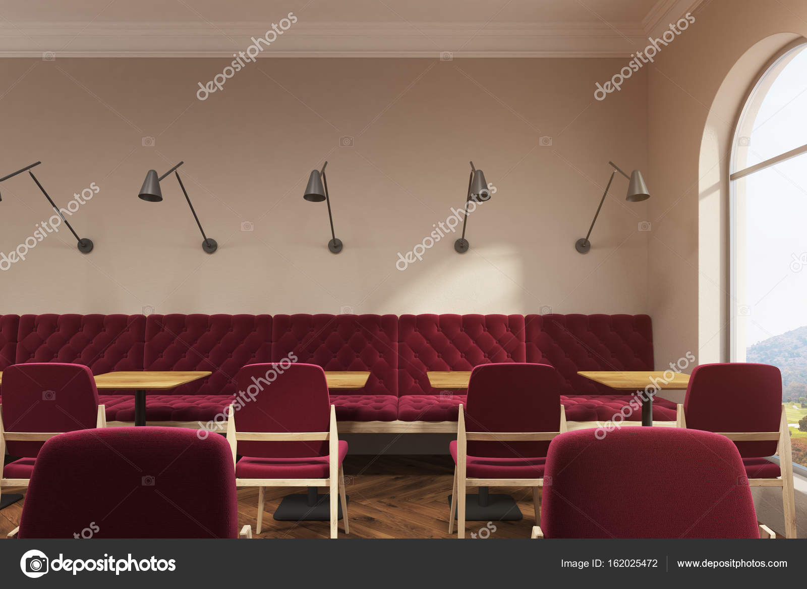 Dark red cafe interior, rounded window Stock Photo by ©denisismagilov ...