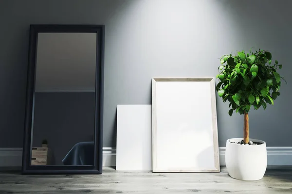 Gray living room interior, mirror, posters, side — Stock Photo ...