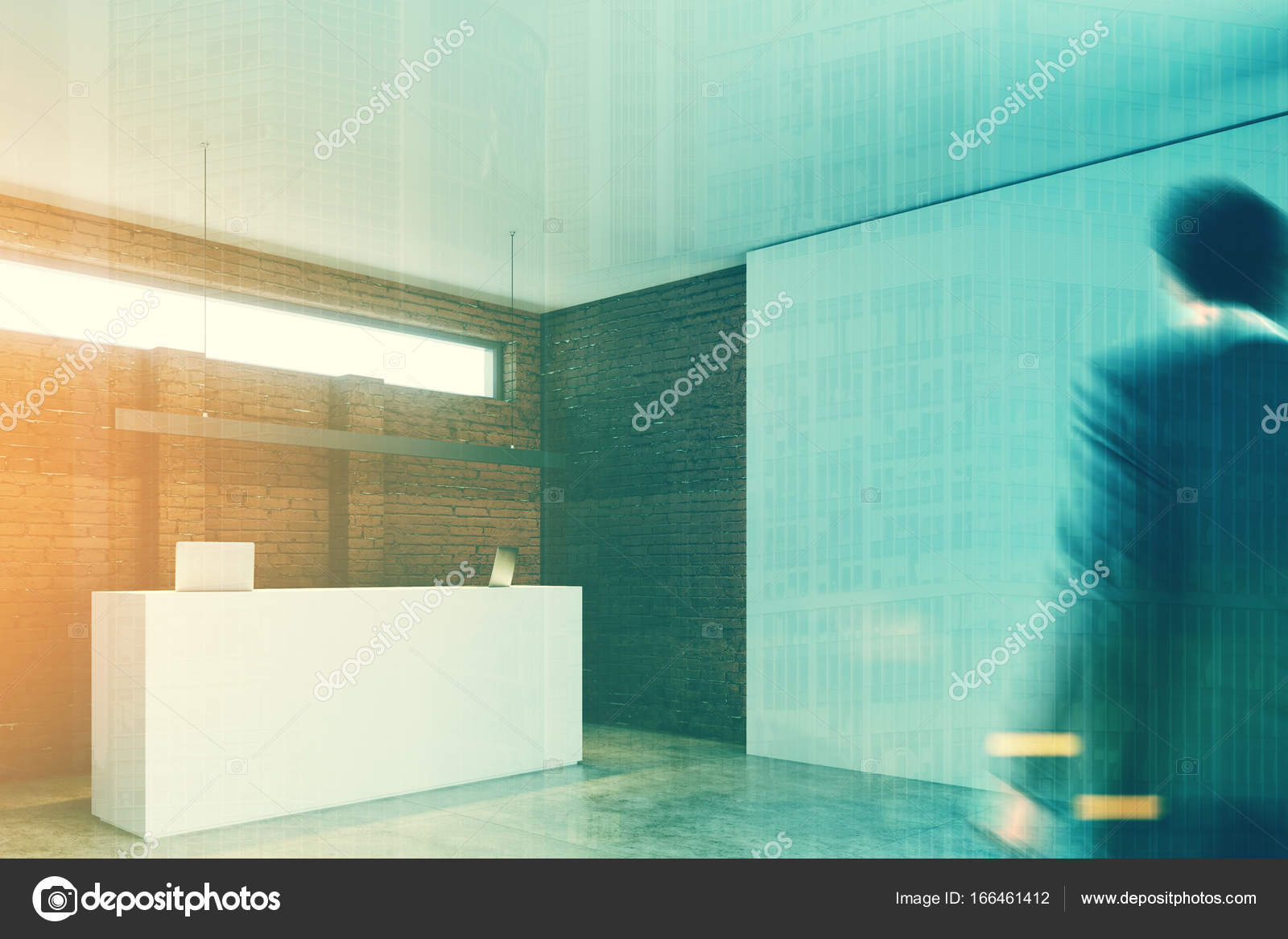 Brick wall office, white reception desk side. man Stock Photo by ...