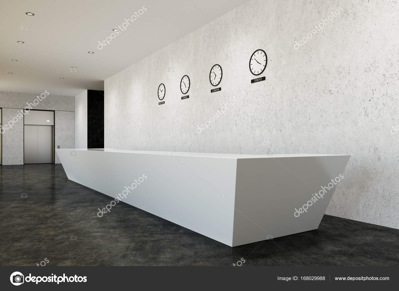 Long reception desk, clocks, side, concrete Stock Photo by ...