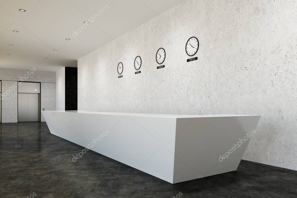 Long reception desk, clocks, side, concrete — Stock Photo ...