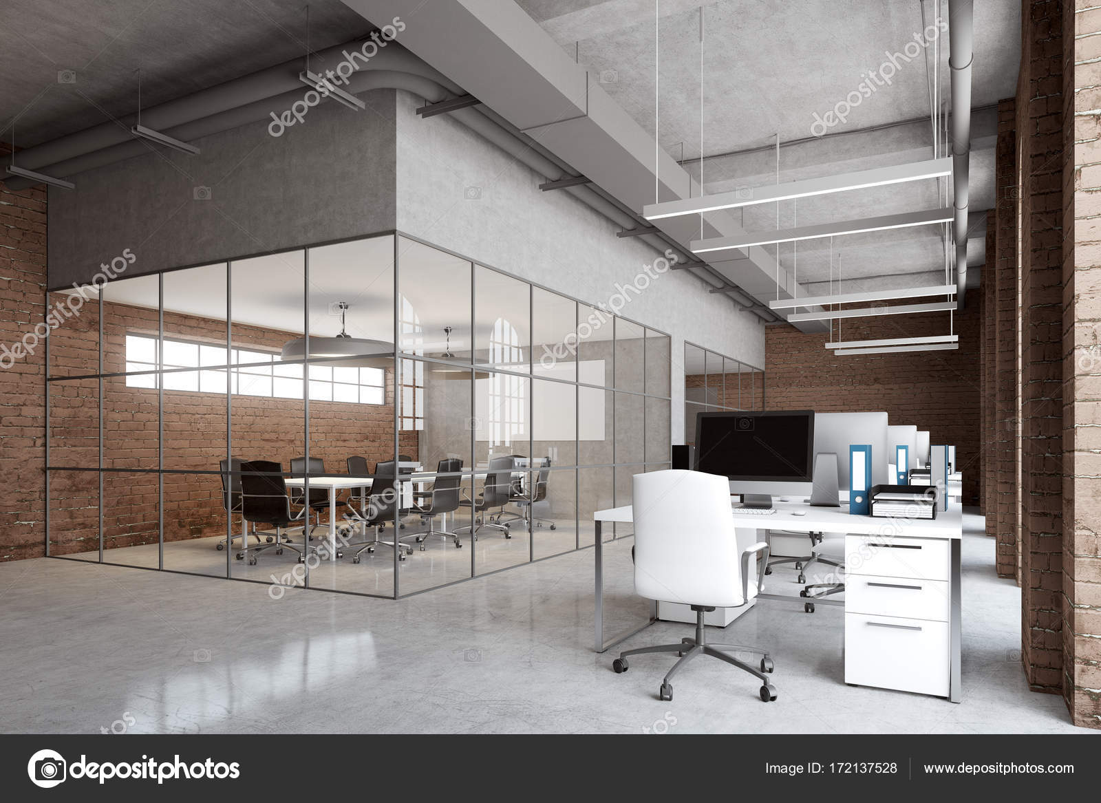 Brick office, arch windows, computers Stock Photo by ©denisismagilov ...