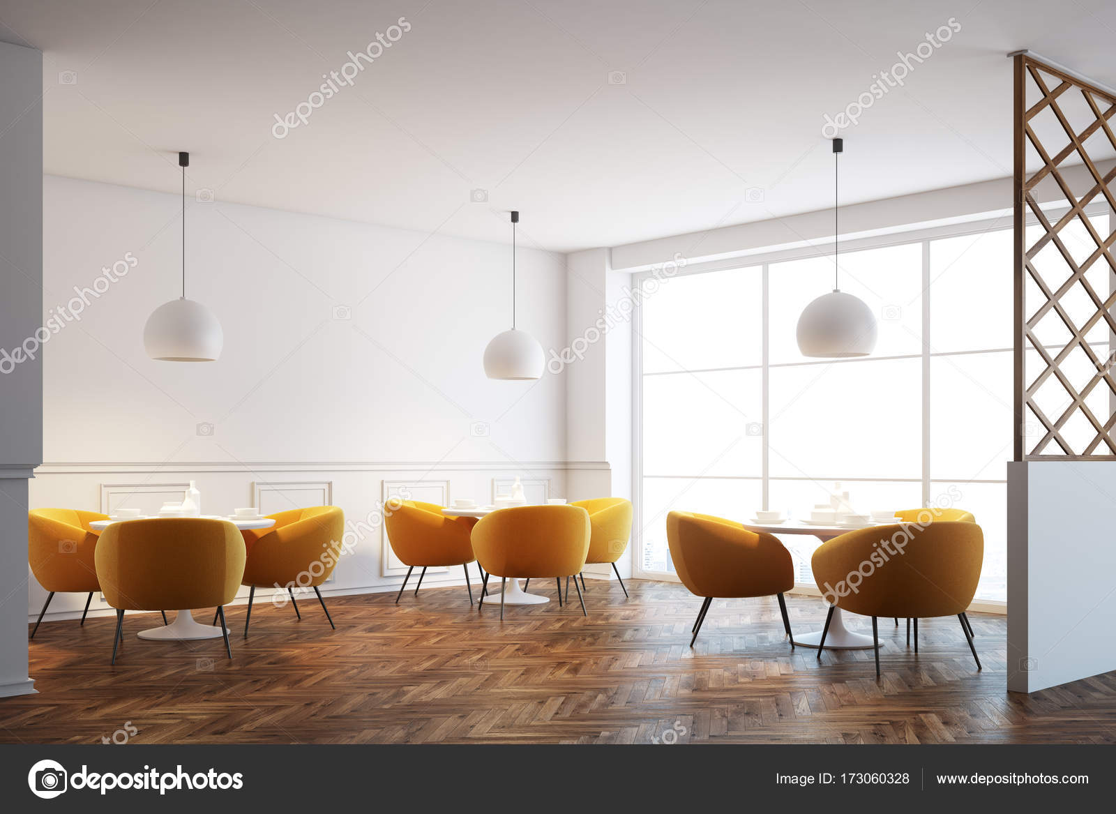 White cafe interior, orange chairs Stock Photo by ©denisismagilov 173060328