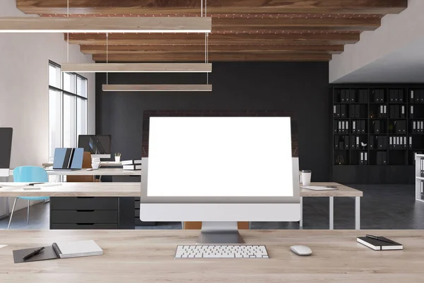 White computer screen on an office desk - Stock Image - Everypixel