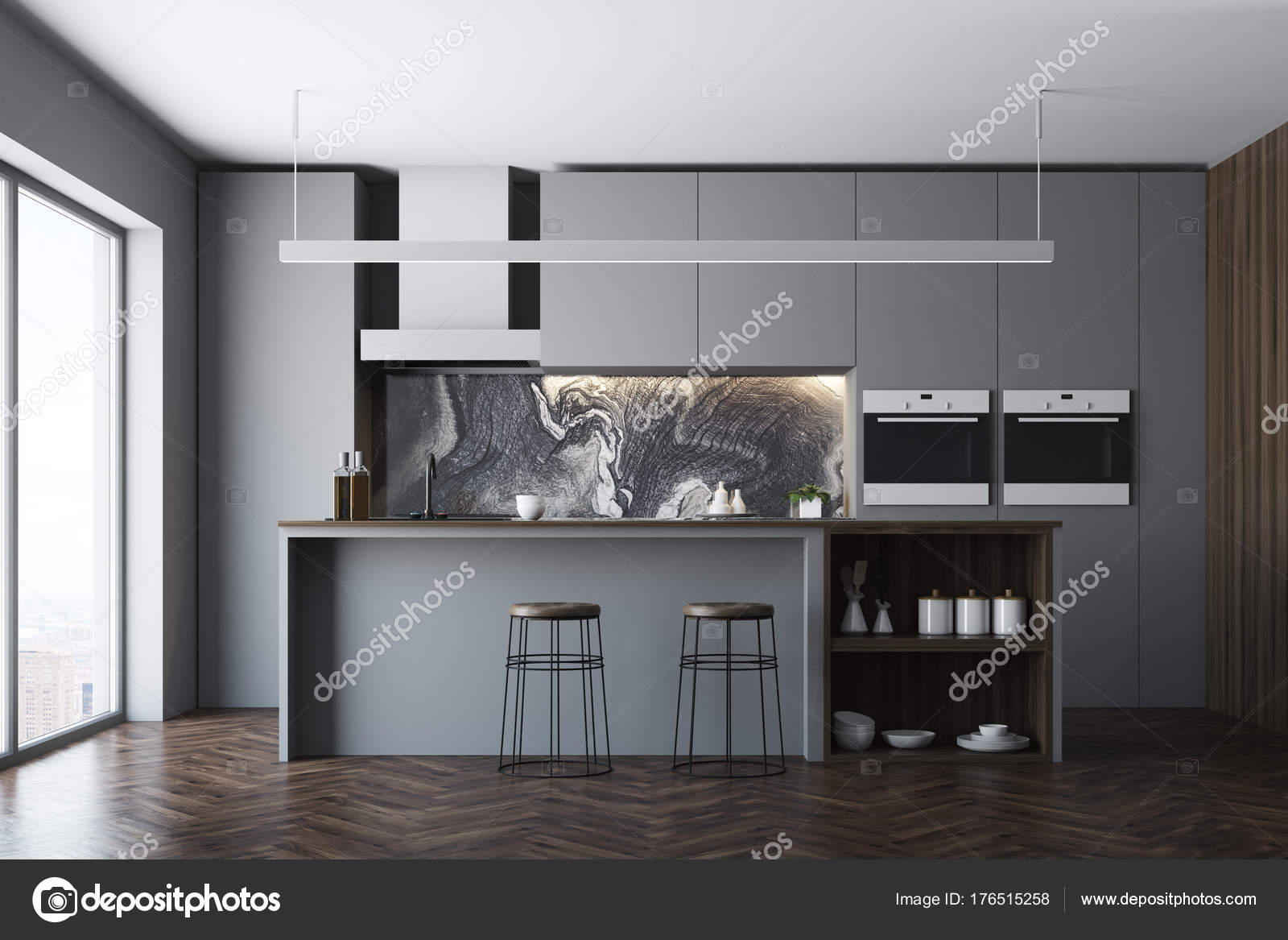Dark gray kitchen, bar and window Stock Photo by ©denisismagilov 176515258