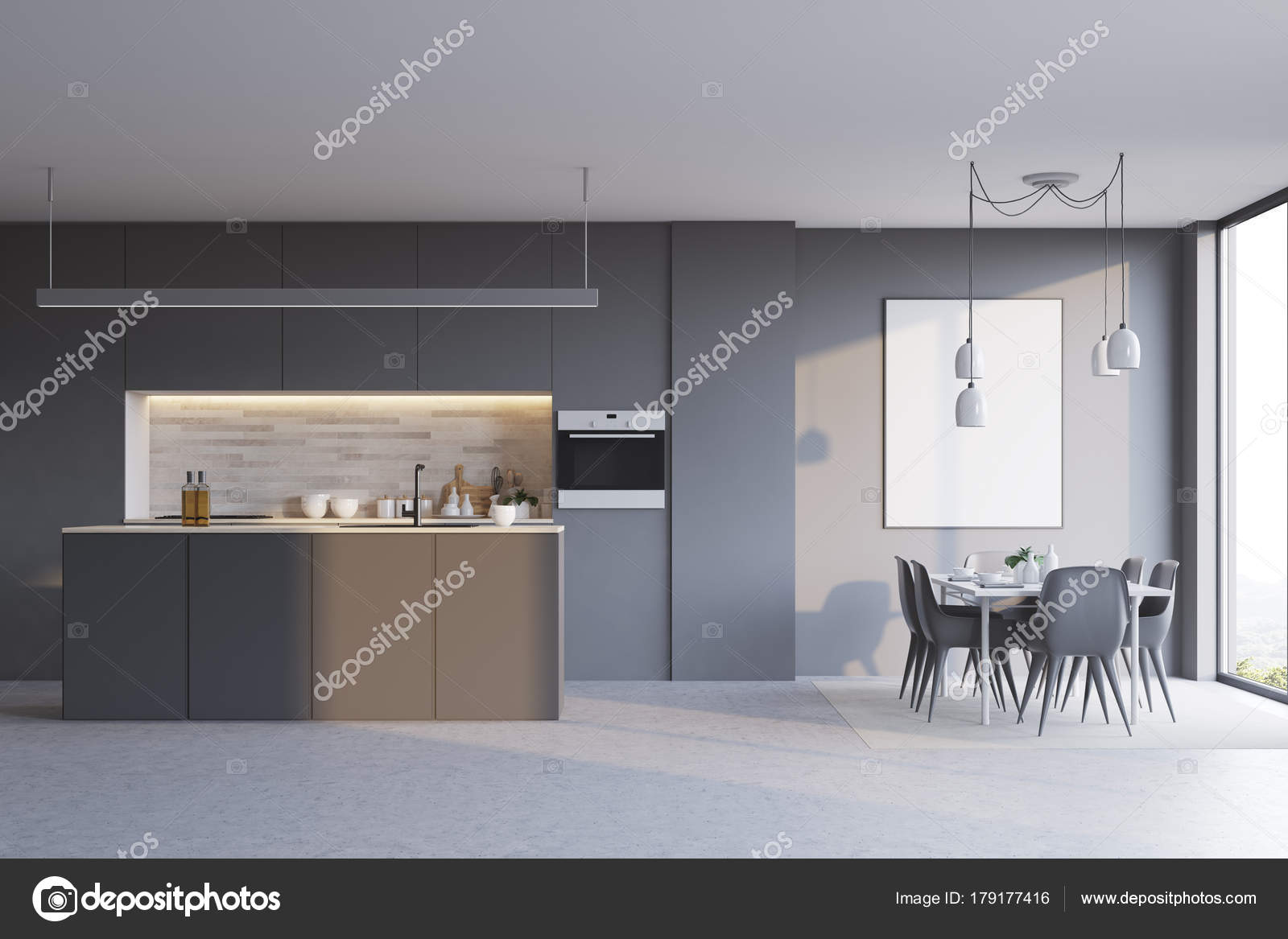 Gray kitchen with a bar, poster — Stock Photo © denisismagilov #179177416