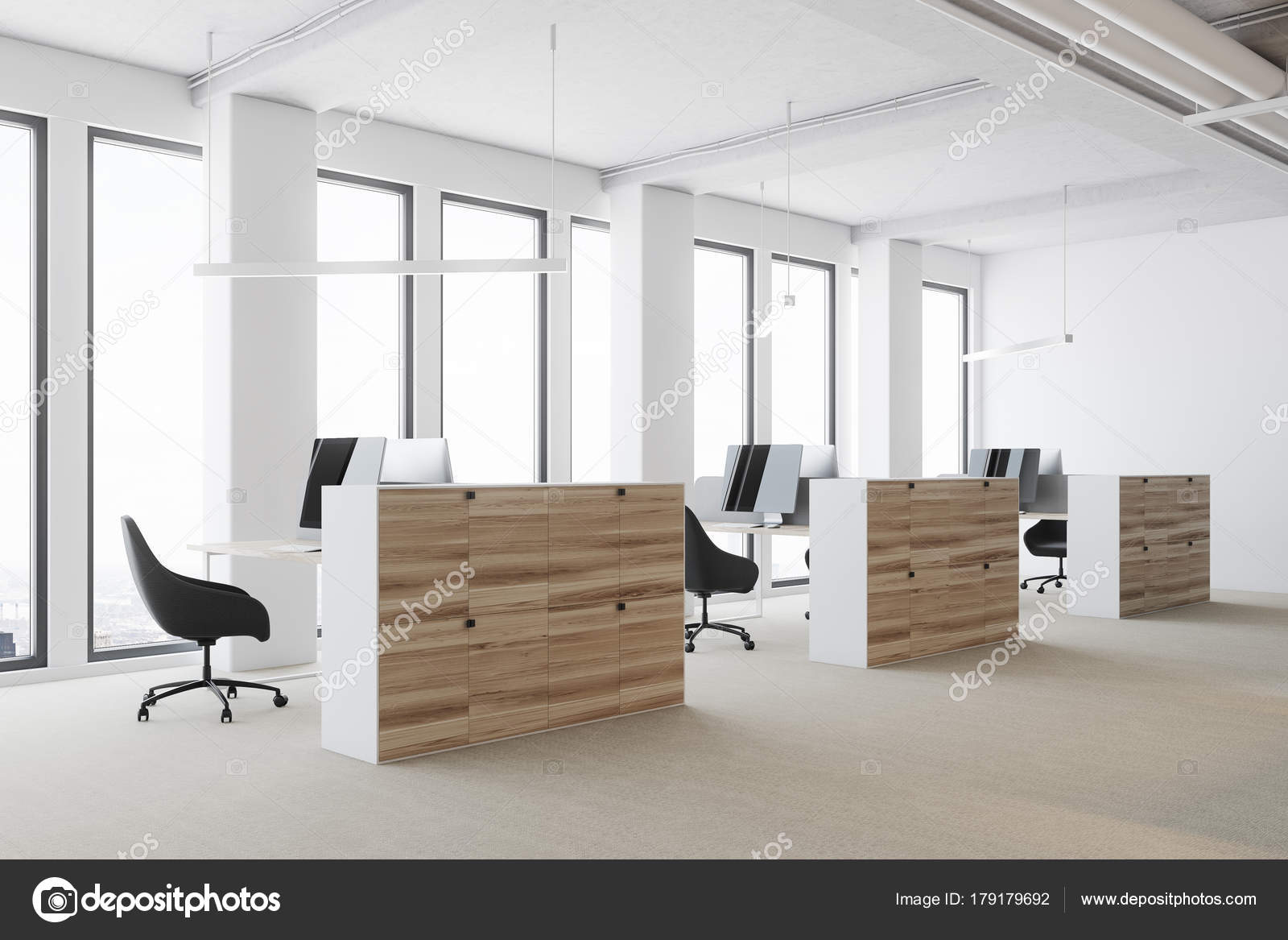 White open space office corner, wooden cubicles — Stock Photo ...