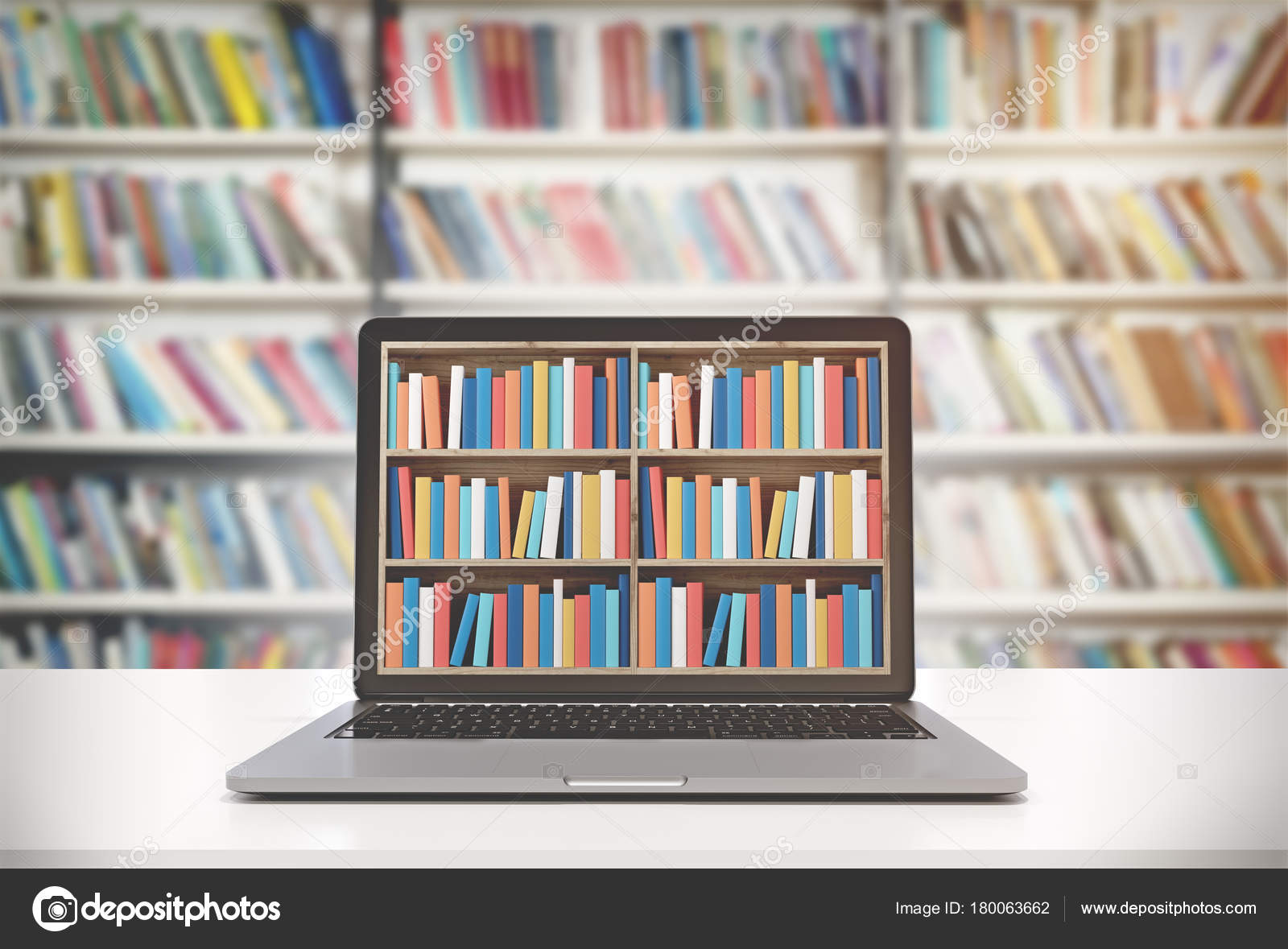 Laptop with bookshelves on screen, library — Stock Photo ...