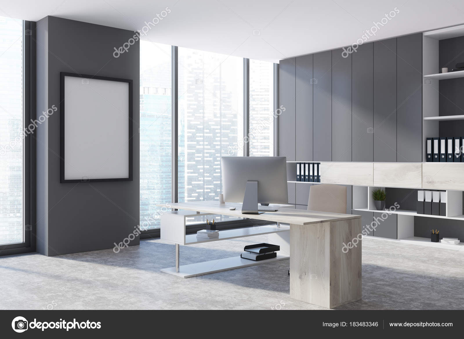 Gray office workplace corner, poster Stock Photo by ©denisismagilov ...