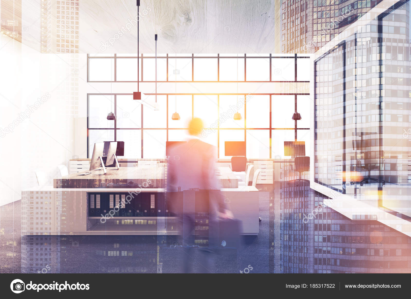 Open space office, poster and bookshelf toned Stock Photo by ...