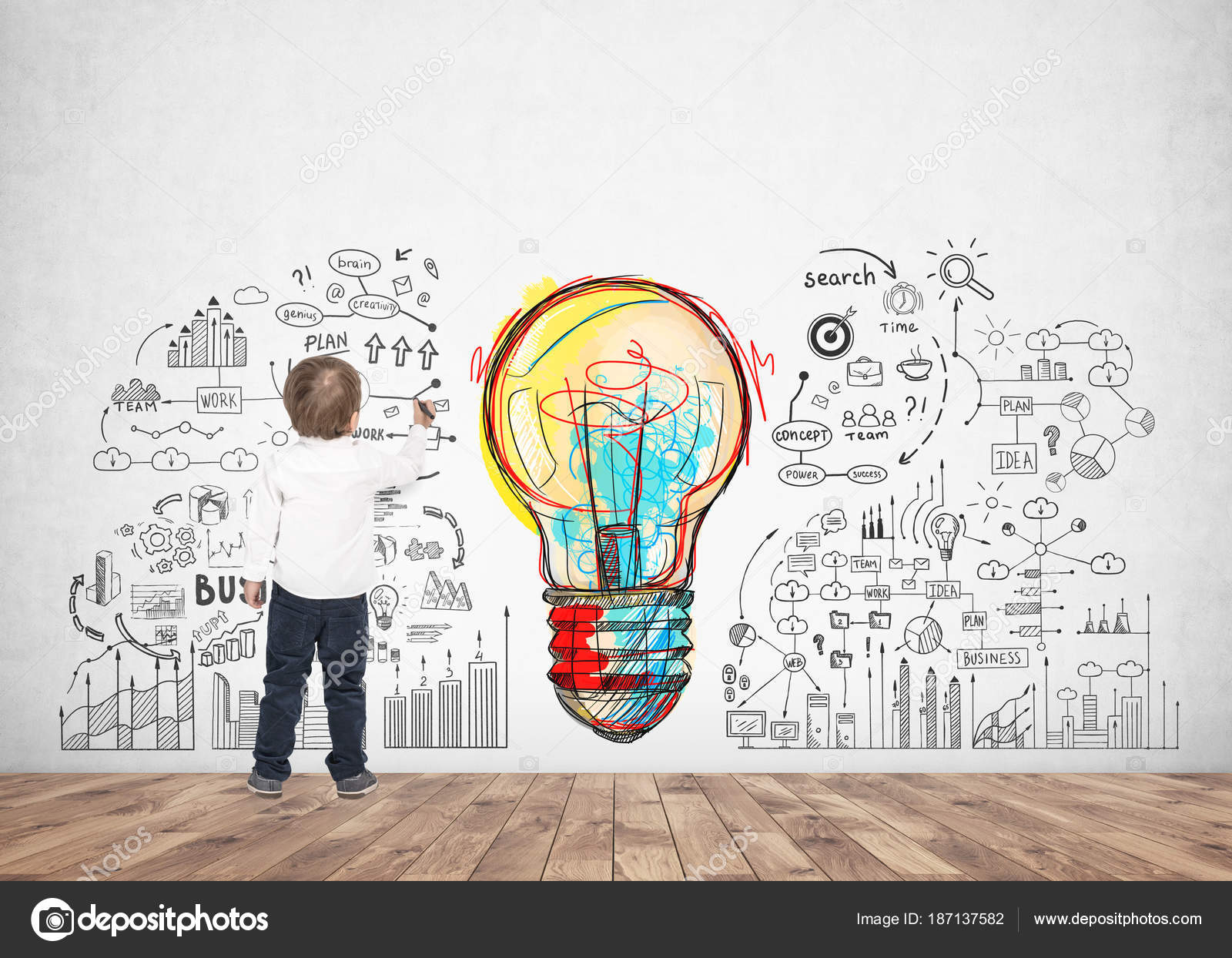 Cute little boy writing drawing marker idea Stock Photo by ...