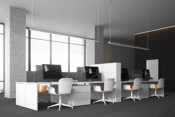 Panoramic open space office, gray walls side view - Stock Image ...