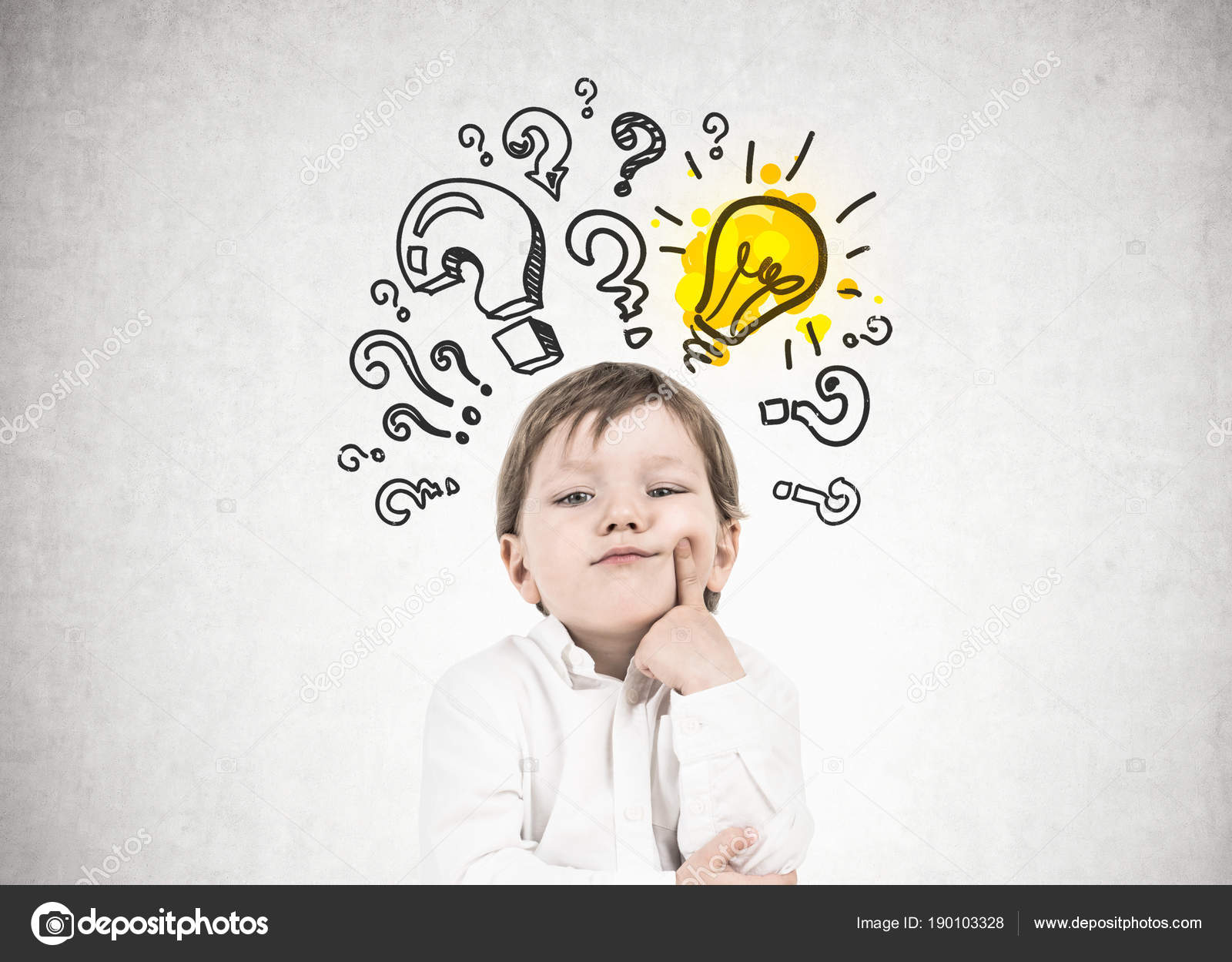 Thinking little boy, question marks, idea Stock Photo by ...
