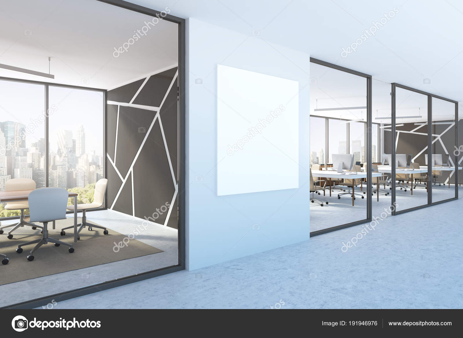 Blue wall office lobby, square poster, side view Stock Photo by ...