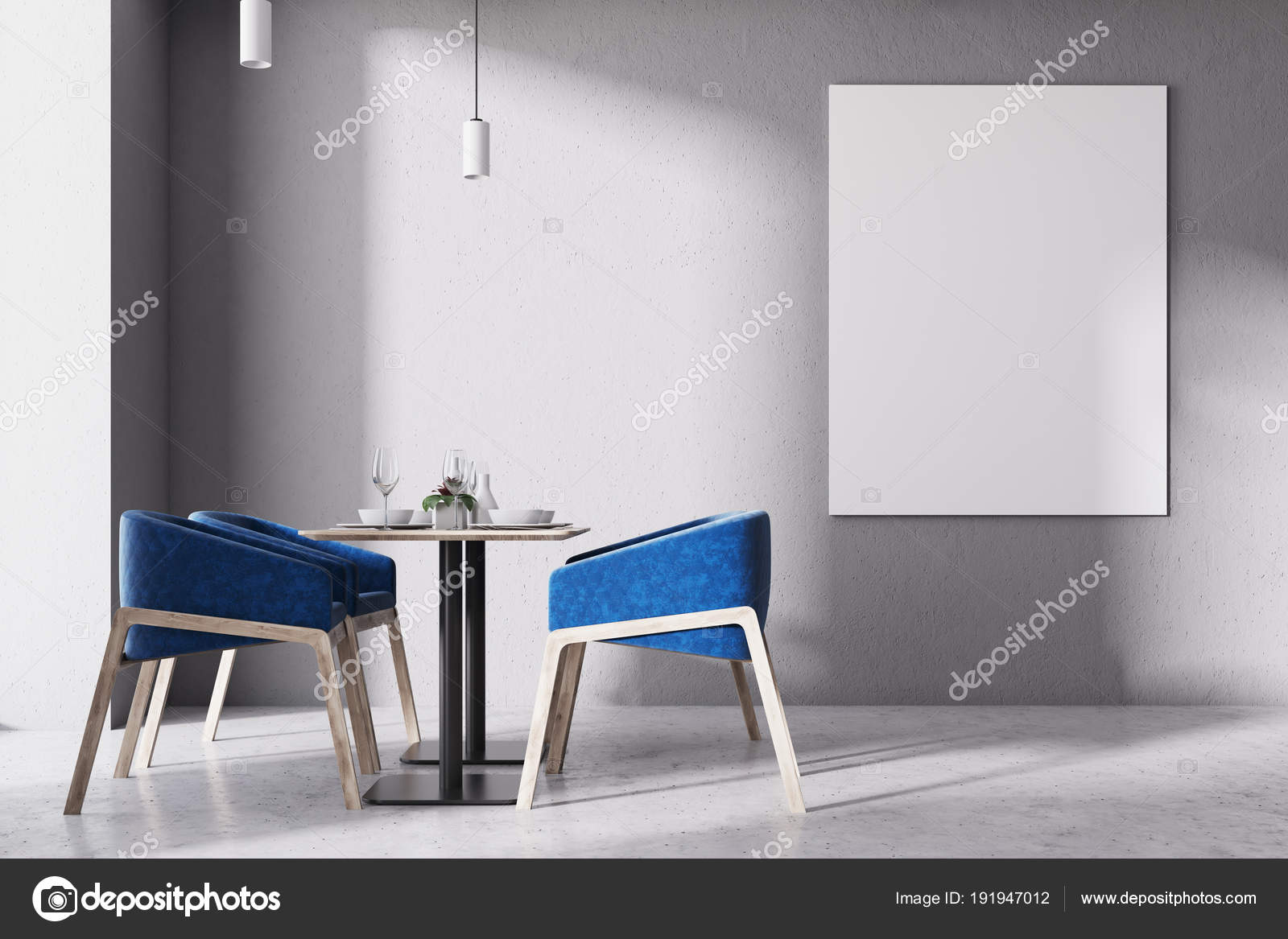 Blue chairs loft cafe interior poster close up — Stock Photo ...