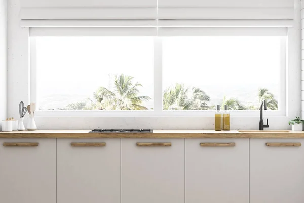Wooden kitchen countertops under window close up — Stock Photo ...