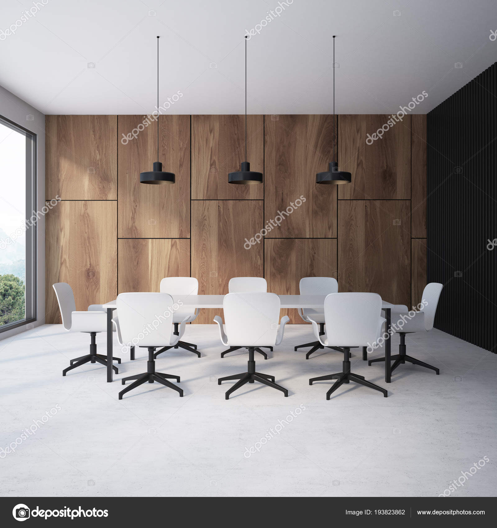 Wooden Wall Conference Room Interior Concrete Floor Long White Table ...
