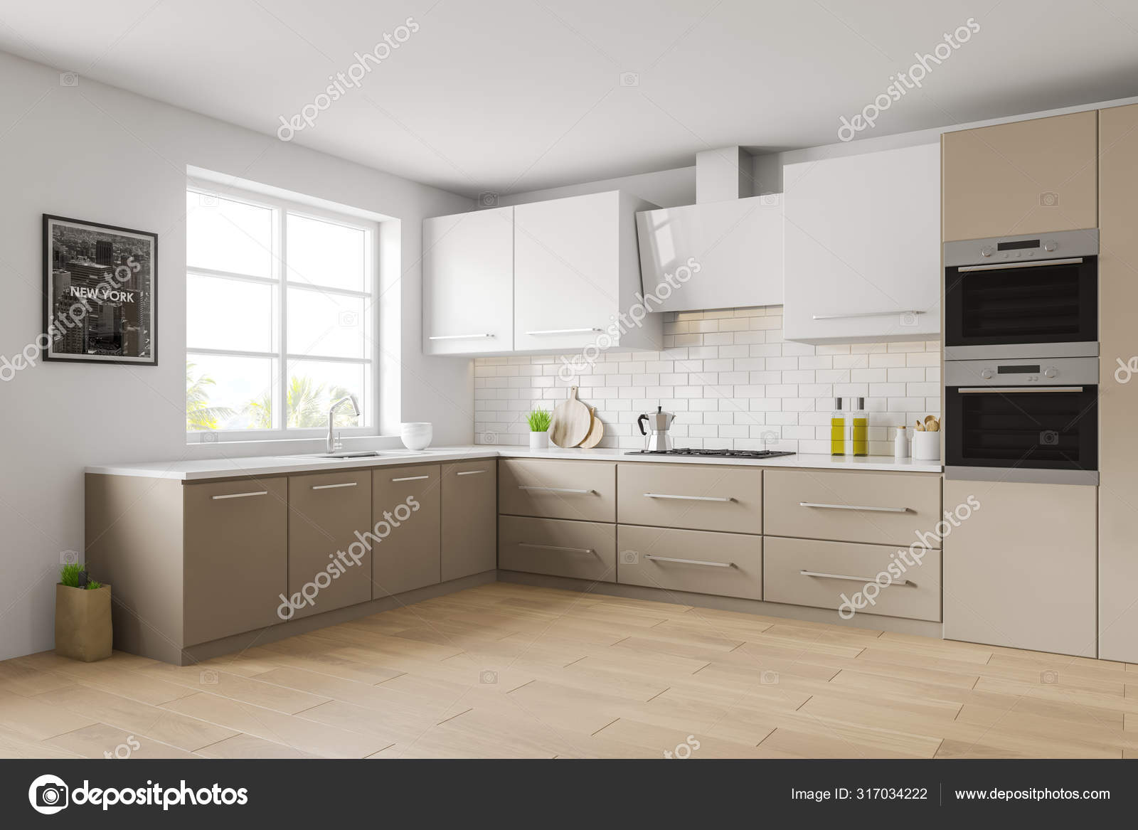 White and beige kitchen corner, counters, picture Stock Photo by ...