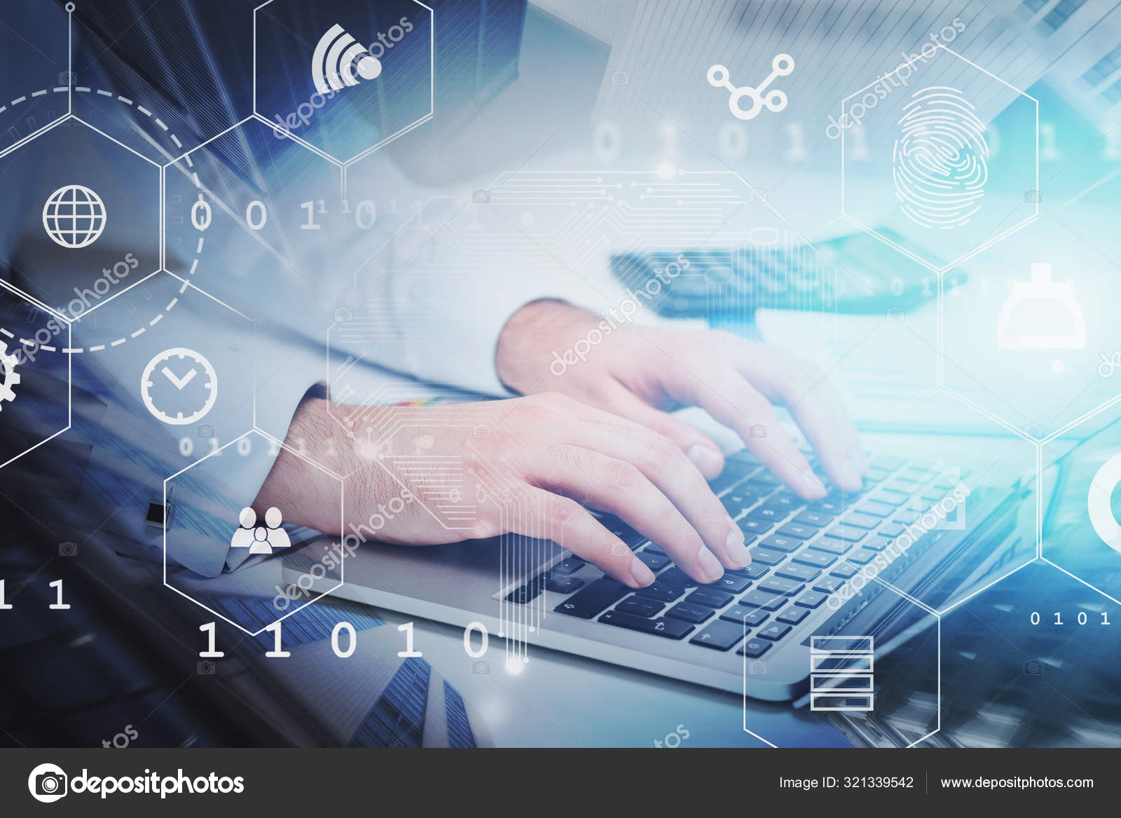 Man typing on laptop in city, digital interface Stock Photo by ...