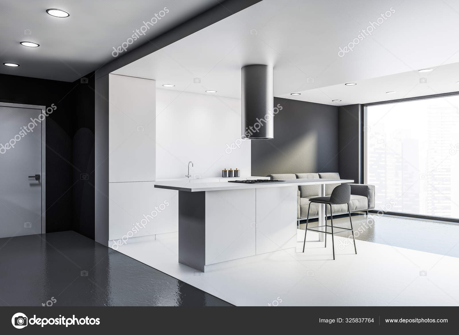 Panoramic gray kitchen with bar and sofa Stock Photo by ©denisismagilov ...
