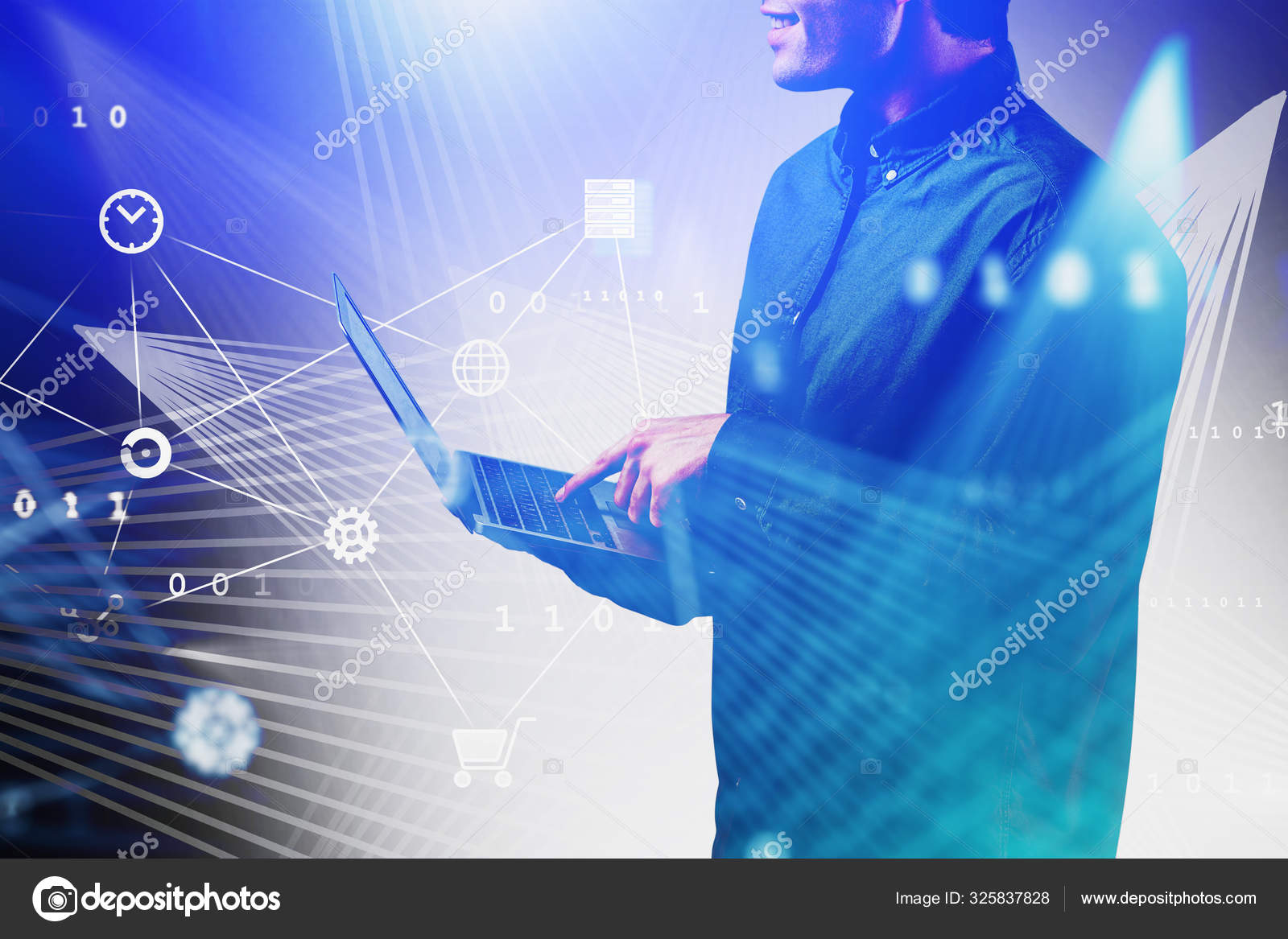 Smiling programmer with laptop, cloud computer Stock Photo by ...