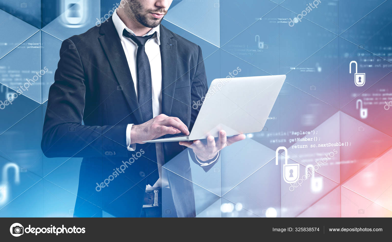 Businessman with laptop, cyber security interface Stock Photo by ...