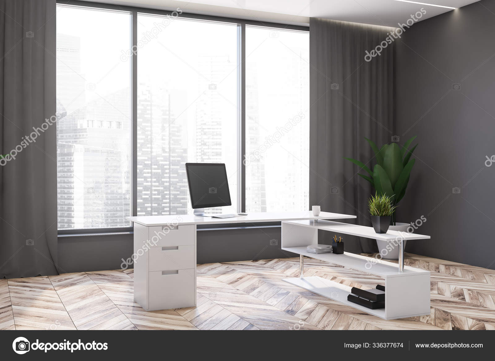 Gray home office interior with computer Stock Photo by ©denisismagilov ...