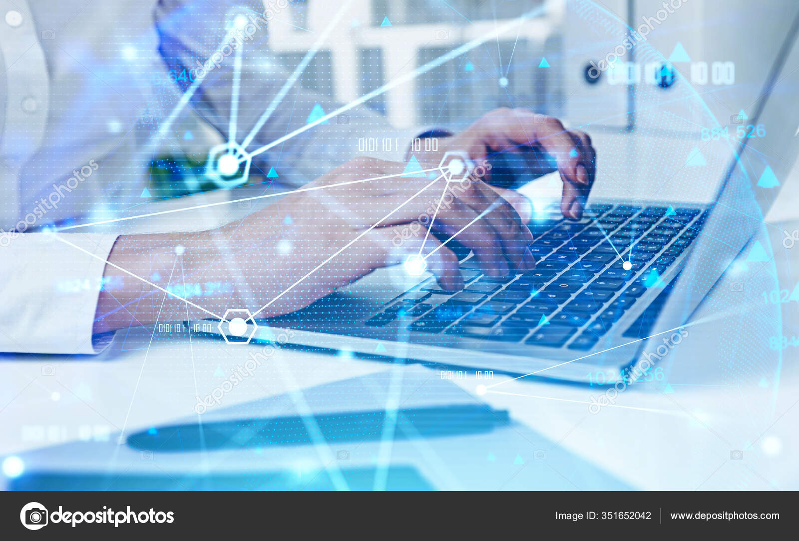 Hand Woman Engineer Typing Laptop Blurry Office Double Exposure ...