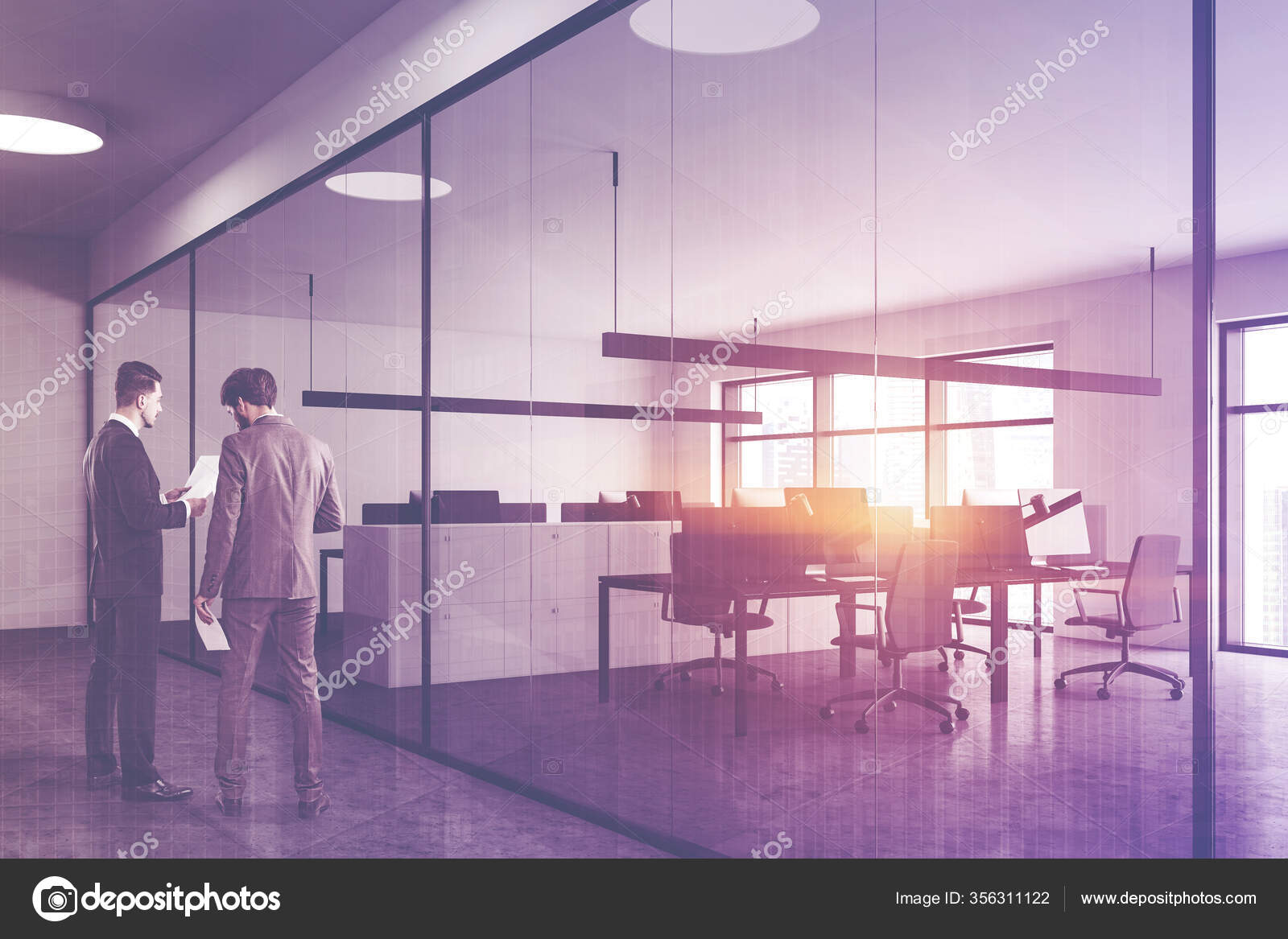 Two Businessmen Talking Open Space Office Lobby White Glass Walls Stock ...