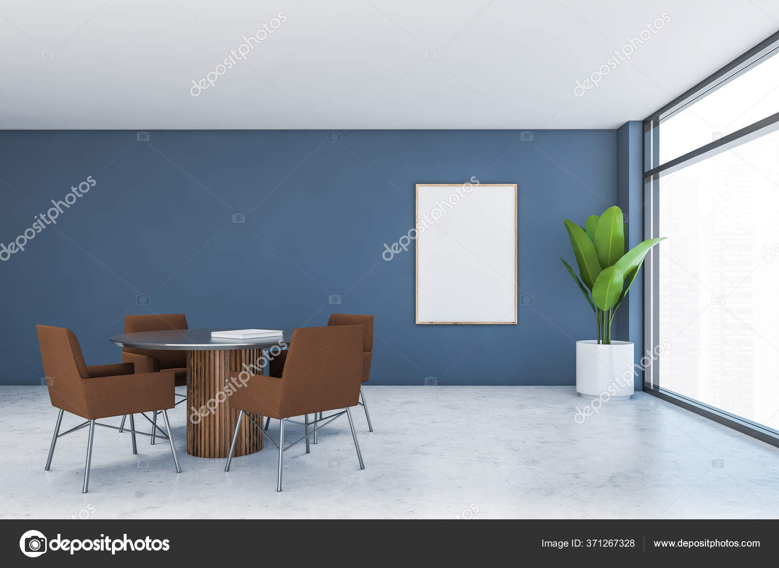 Interior Minimalistic Home Library Blue Walls Concrete Floor Table Book ...