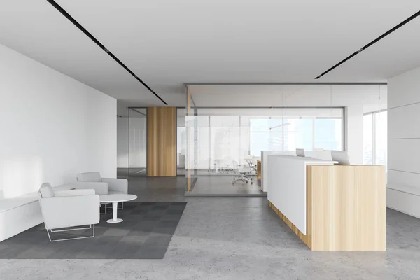 Side view of panoramic office with white and glass walls, concrete ...