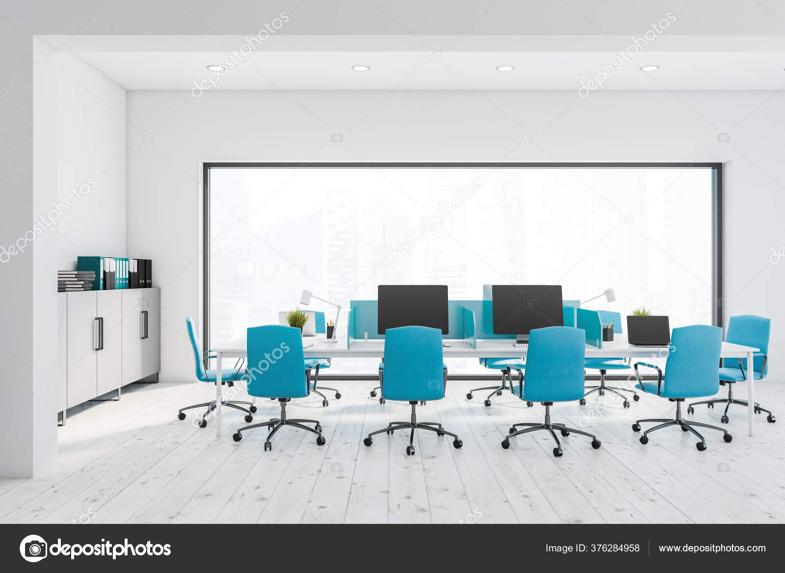 Interior Open Space Office White Walls Wooden Floor Big White — Stock ...