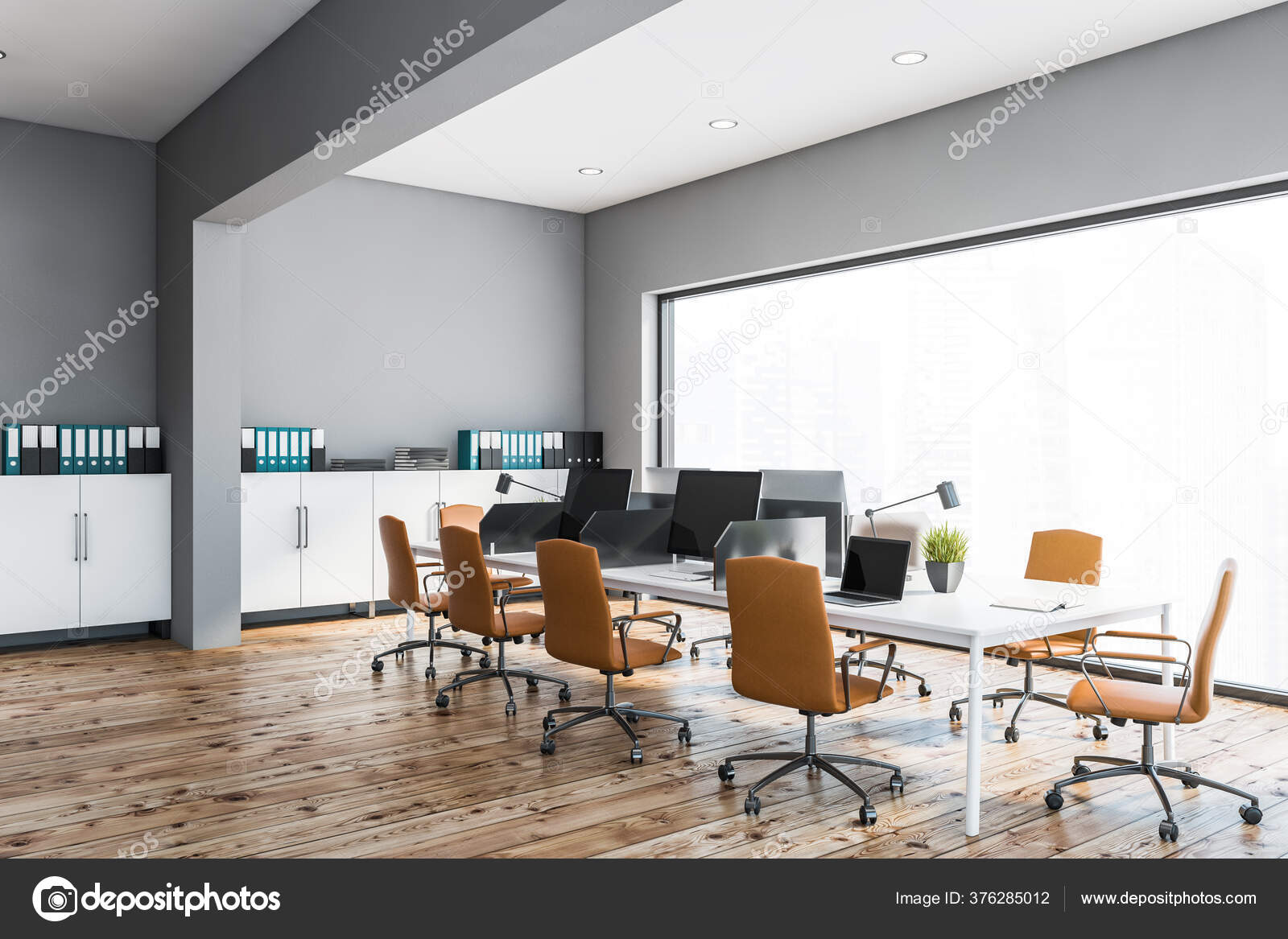 Corner Open Space Office Gray Walls Wooden Floor Big White — Stock ...