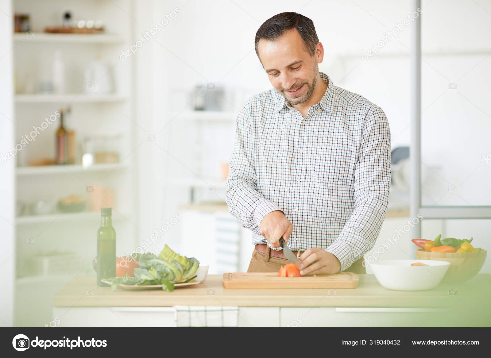 Young Smiling Man Standing Kitchen Table Cutting Vegetables Cutting ...