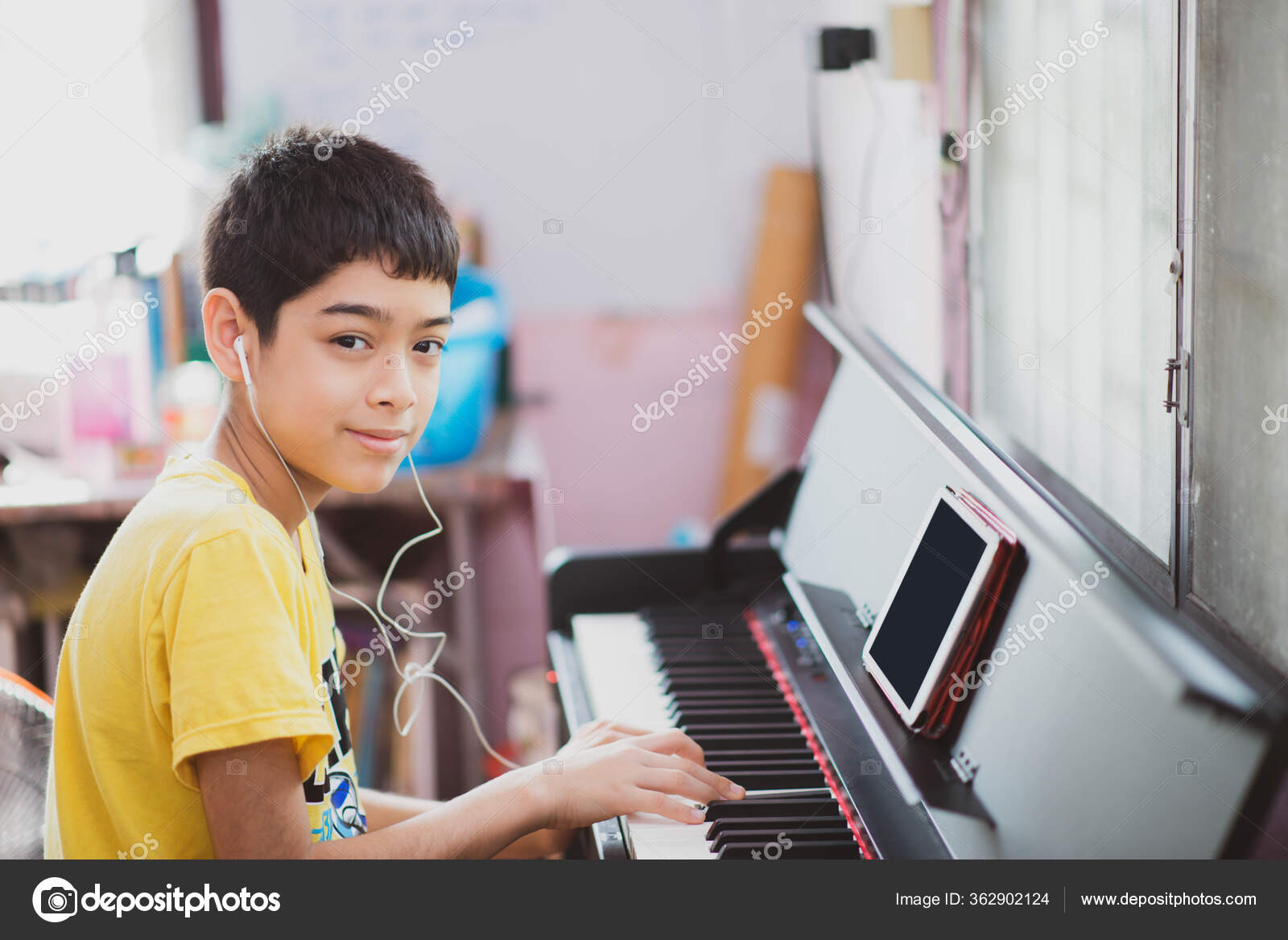 Little Boy Learning Practicing Piano Online Digital Tablet Stock Photo ...