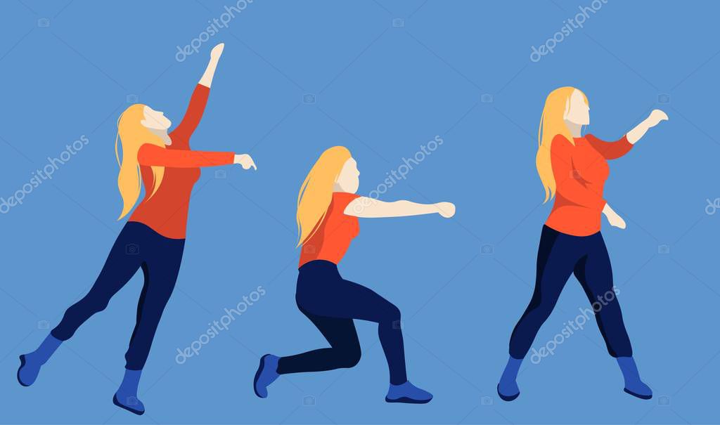 Ilustración plana de tres poses, mujeres con las manos en alto y ...