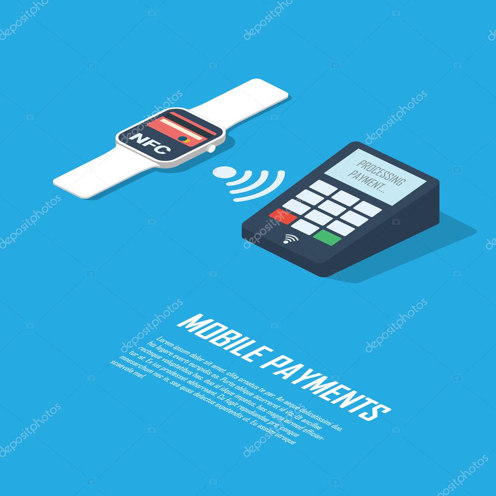 Mobile payments concept infographics presentation. Smartwatch with nfc ...