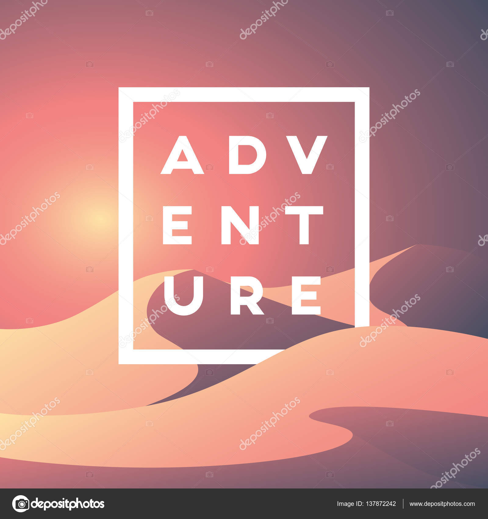 Adventure concept in wild nature, desert landscape in orange sunset ...